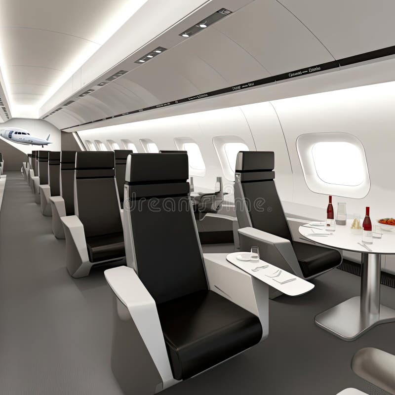 Interior of the Plane with Black Seats and Round Table Stock ...