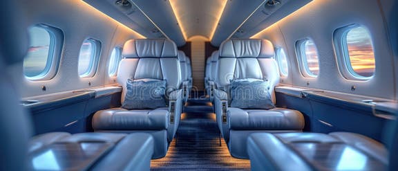 The Interior of a Plane is Shown with a Blue Background and White Seats ...
