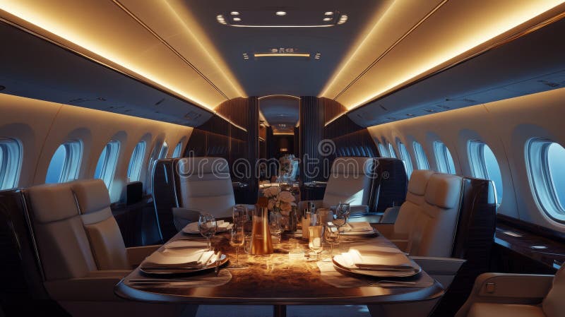 Interior of a Private Jet with a Dining Table Set for Two Stock ...