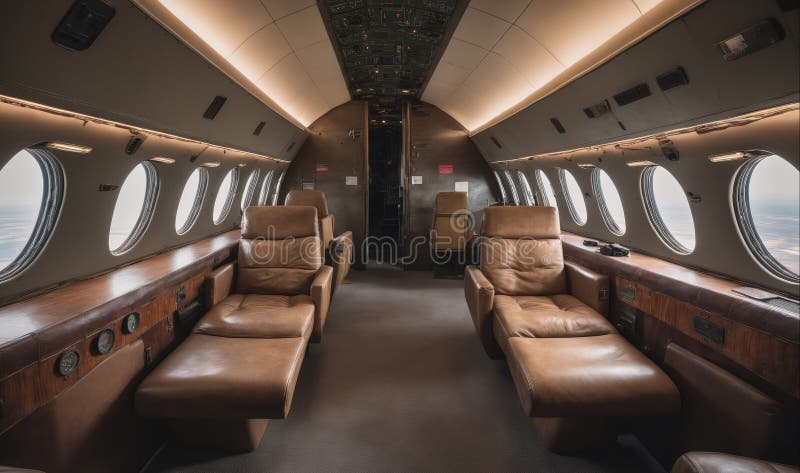 The Interior of a Private Jet Features Brown Leather Seats with a View ...
