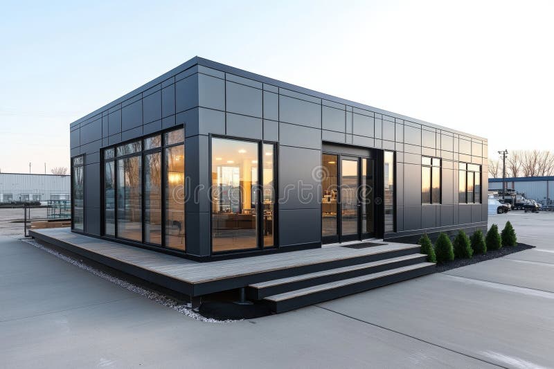 Modern Modular Home Showcased Inside a Production Facility with Sleek ...
