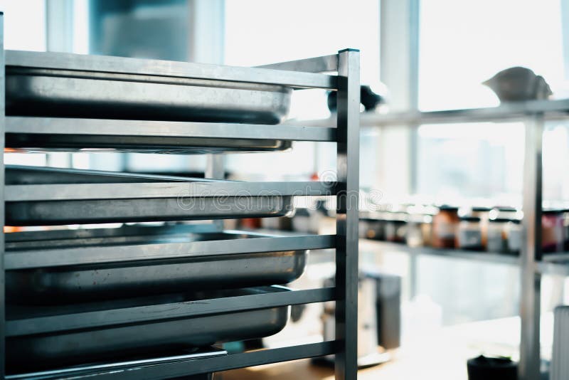 Interior Professional Restaurant Kitchen, Rack with Baking Sheets Stock ...