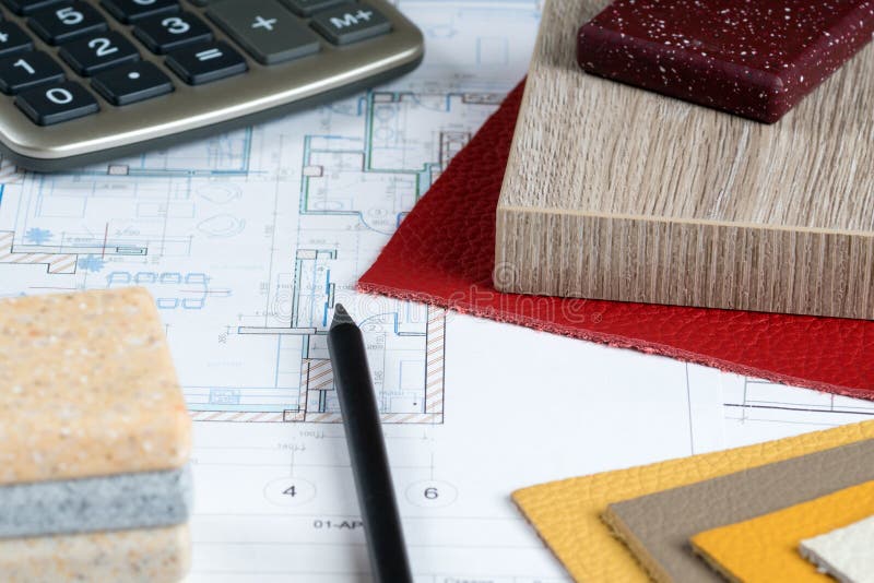 Interior Project with Material Samples, Pencil and Calculator 3 Stock ...