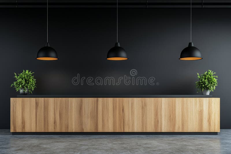 Interior Reception Desk with Panoramic Window, Mockup Wall of a Wood ...