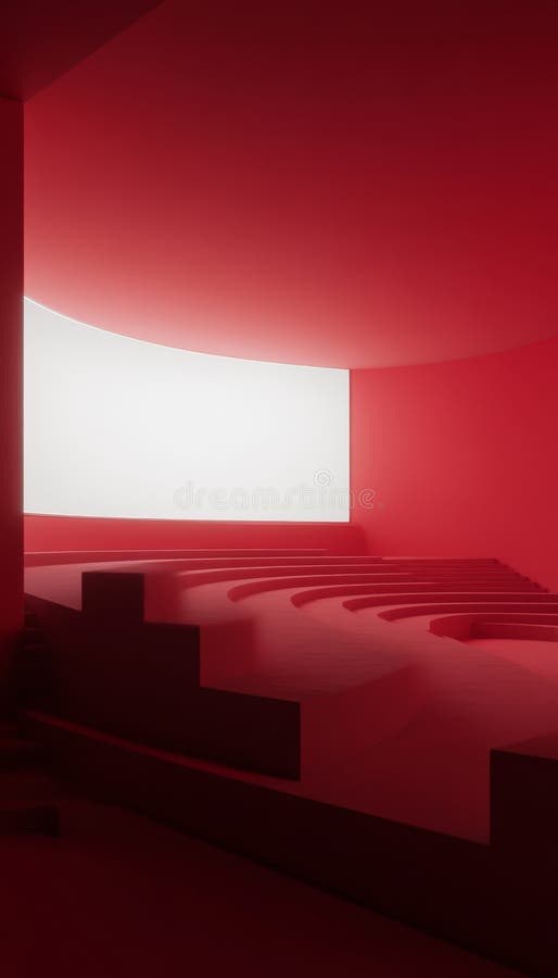 Interior of a Red Cinema with a Bright White Screen and Unoccupied ...