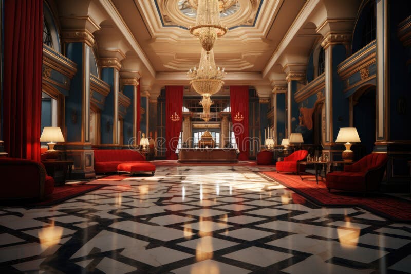 The Interior of the Red Hall of a Luxurious Spacious Hotel Stock ...