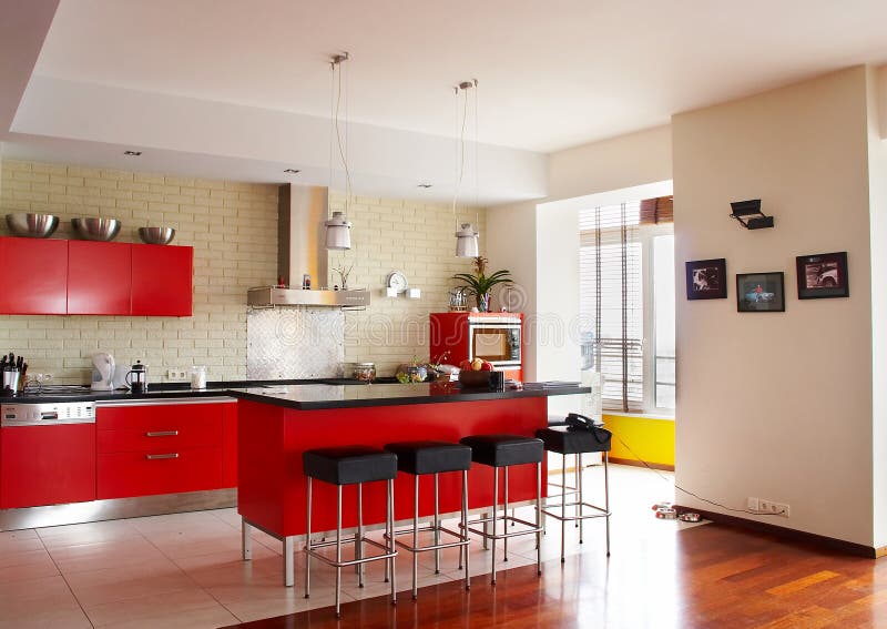 Interior. Red kitchen stock image. Image of kitchen, chair - 3689093