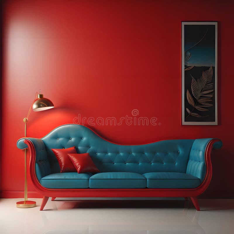 Interior Red Room with Blue Sofa and Lamp, Generative Ai Stock ...