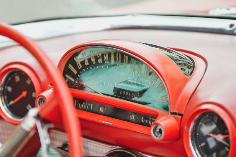 Interior of a Red Vintage Car and Speedometer Stock Image - Image of ...