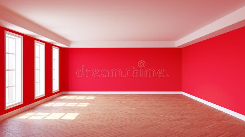 Interior with Red Walls, Three Windows, White Ceiling Cornice Stock ...