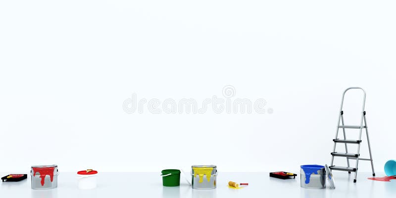 Interior Remodeling and Painting. Drawing Tools and Paint in Buckets on ...