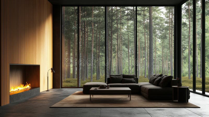 An Interior Render of a Modern House with a Fireplace Near a Forest, in ...