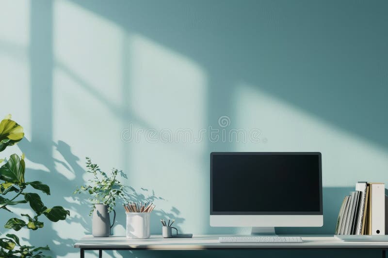 An Interior Rendering of a Modern Blue Home Office with a Computer ...
