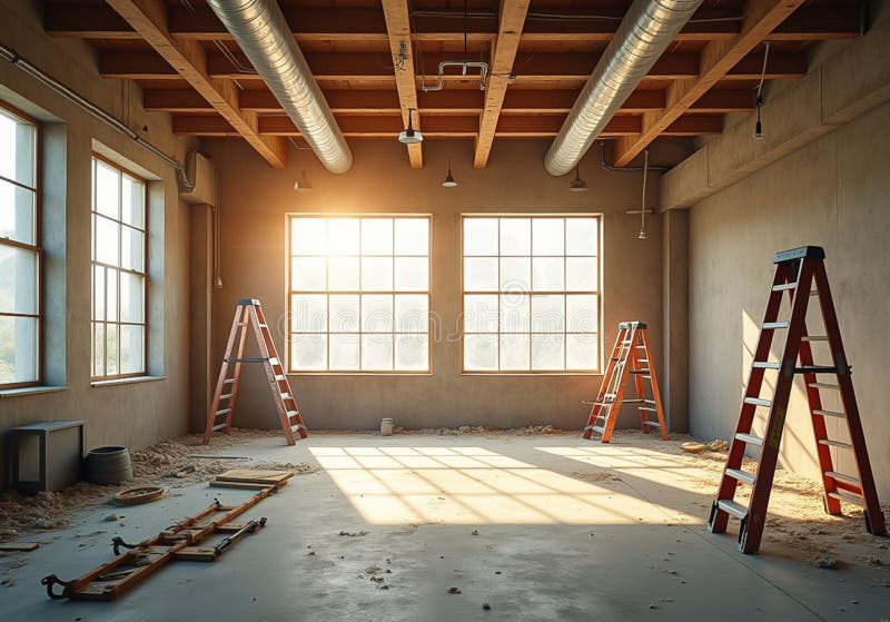 Interior Renovation in Progress with Ladders and Construction Materials ...