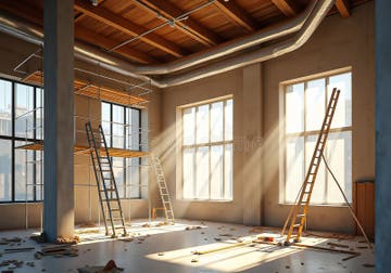 Interior Renovation in Progress with Ladders and Construction Materials ...