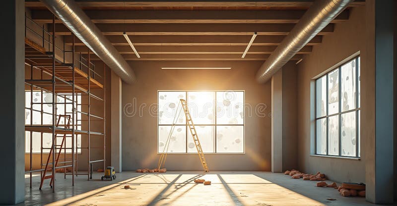 Interior Renovation in Progress with Ladders and Construction Materials ...