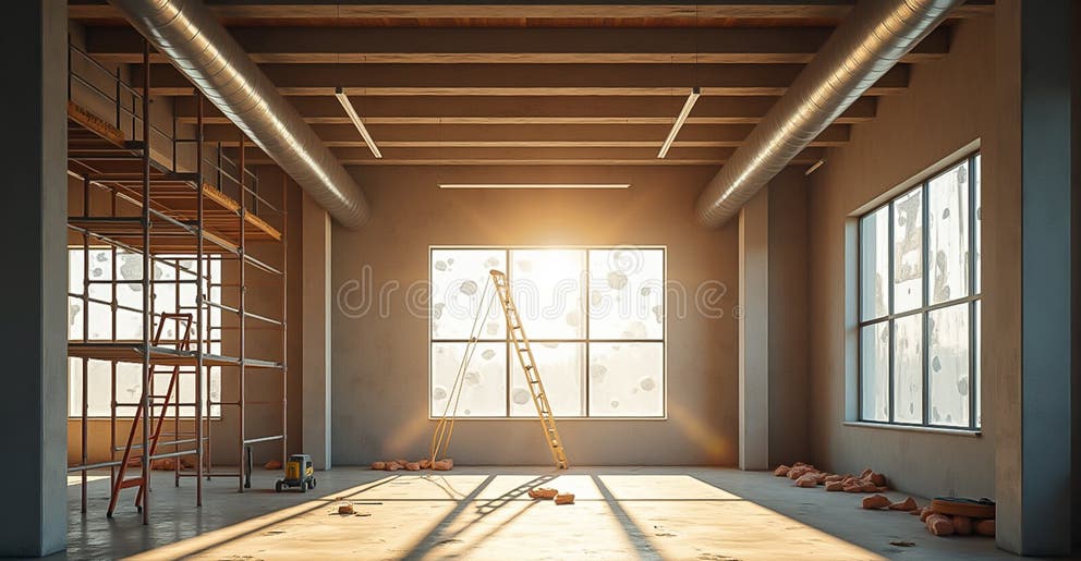 Interior Renovation in Progress with Ladders and Construction Materials ...