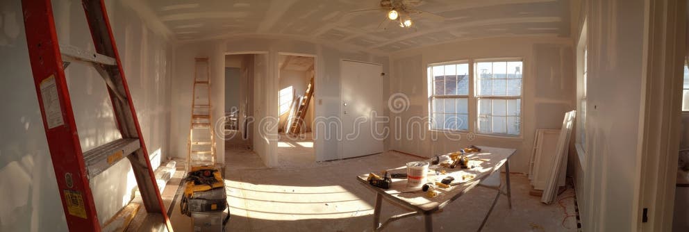 Interior Renovation Work with Tools and Ladder in Spacious Room Under ...