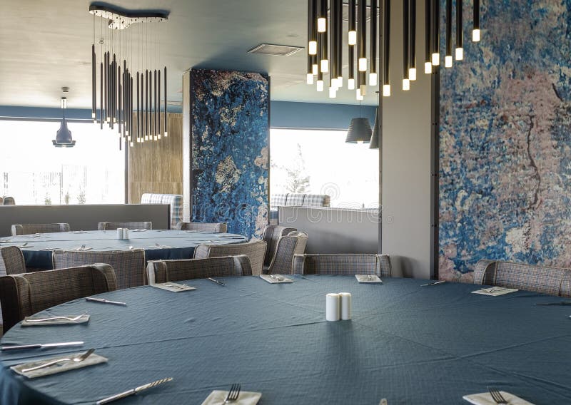 Interior of Restaurant with Blue Sea Theme 3 Stock Photo - Image of ...