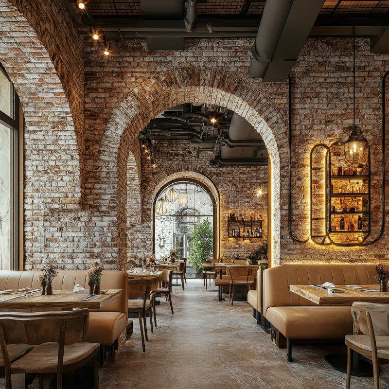 Interior of a Restaurant with Brick Walls, Wooden Ceiling and Large ...