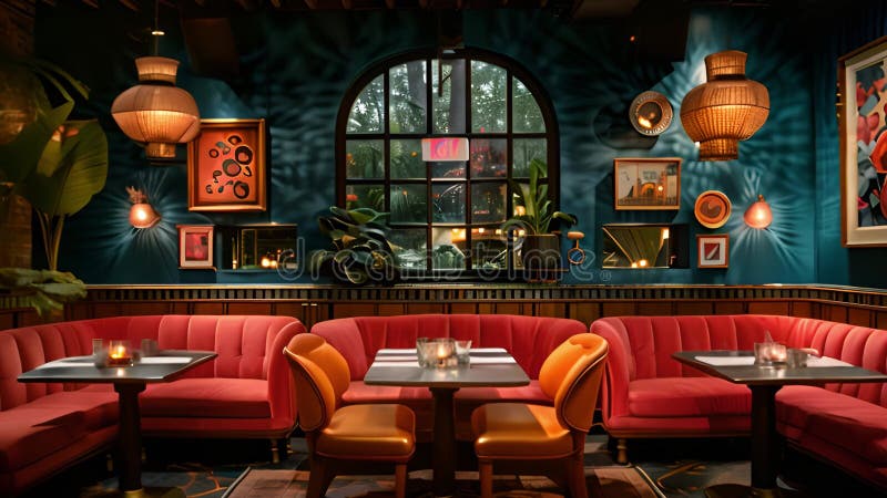 Interior of a Restaurant Featuring a Blue Wall and Red Booths. Stock ...