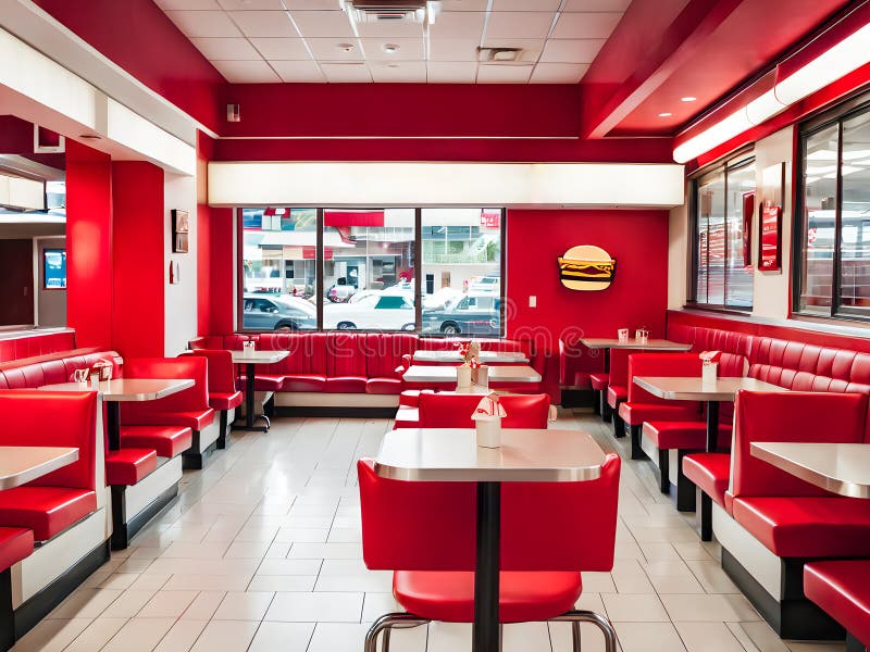 Interior of a Restaurant with Red Chairs and Tables Stock Illustration ...