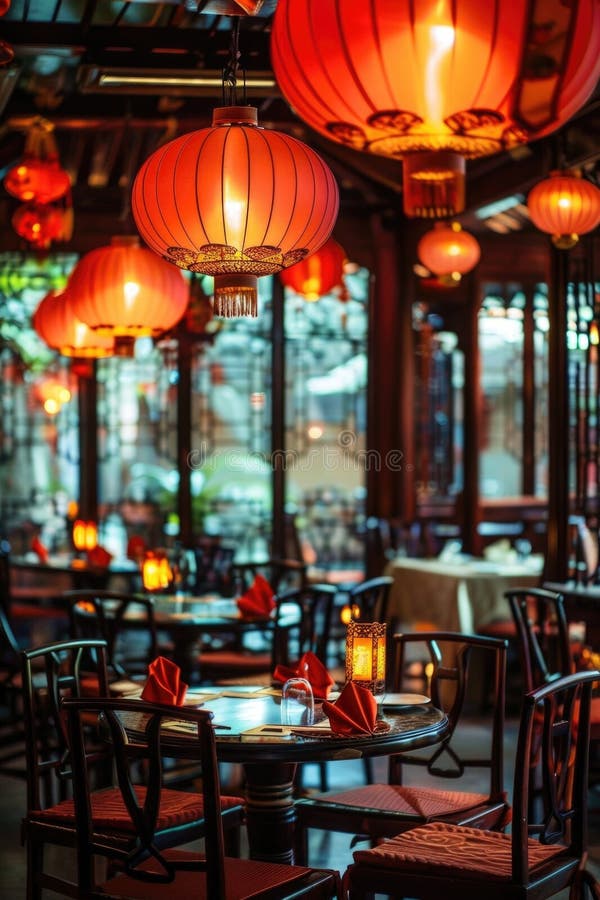 Interior of a Restaurant with Red Lanterns Hanging from the Ceiling ...