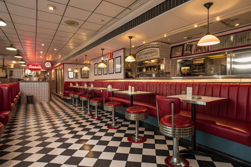 Interior of a Retro-style Diner with Black Checkered Floor, Capturing ...