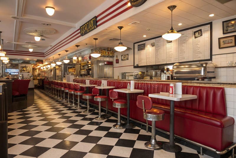 Interior of a Retro-style Diner with Black Checkered Floor, Capturing ...