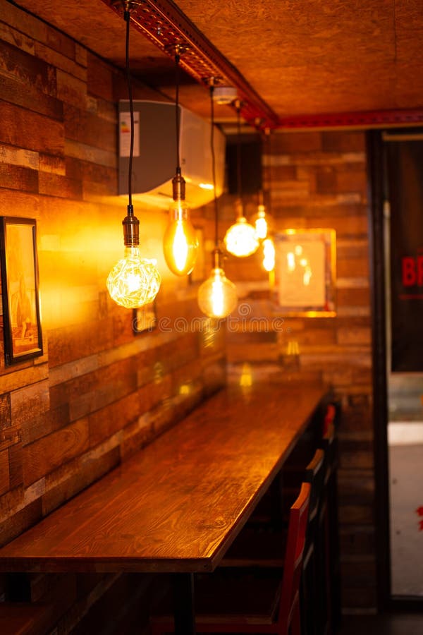 Interior of a Road Cafe with Light Bulbs. Stock Image - Image of ...
