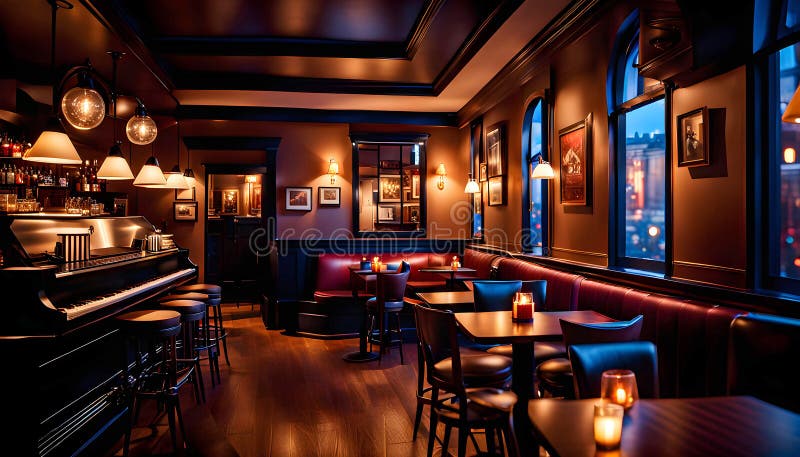 Interior of a Romantic Jazz Cafe in an Old Style with Evening Lighting ...