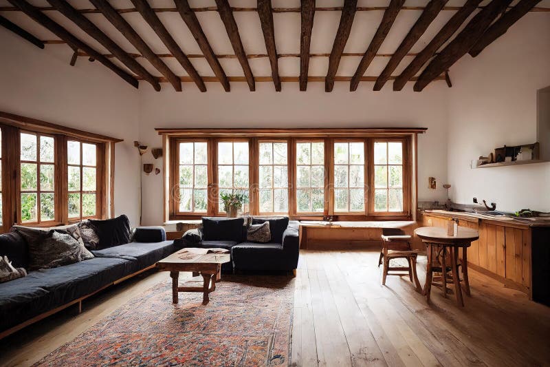Interior Room with Blue Sofas, Wooden Windows and White Round Table ...