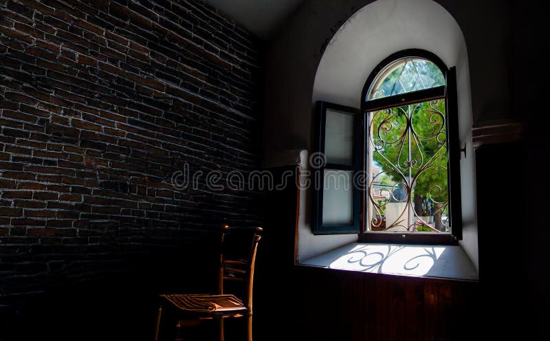 Interior Room Brick Wall Chair Open Window View Stock Image - Image of ...