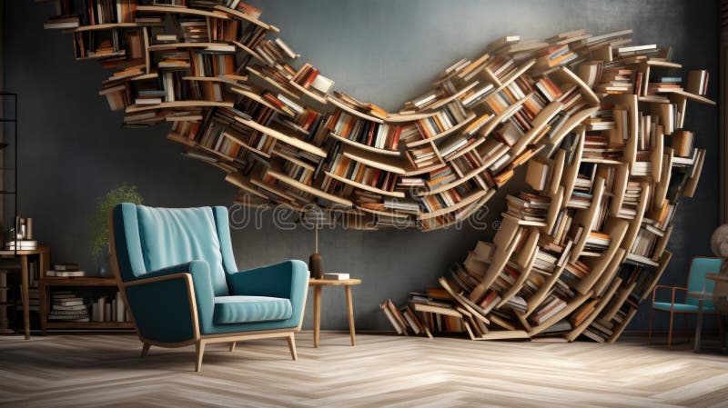 Interior of a Room with a Chair and an Unusual Shelf for Books. Curved ...