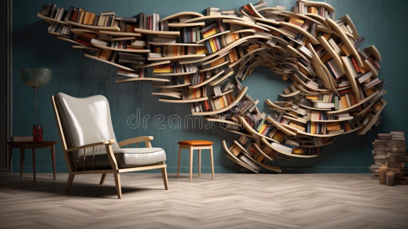 Interior of a Room with a Chair and an Unusual Shelf for Books. Curved ...