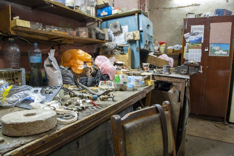 The Interior of a Room with Clutter and Different Objects Stock Photo ...