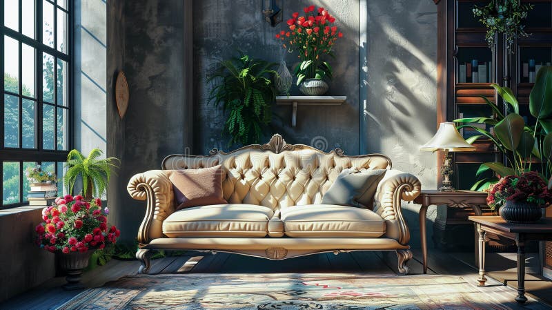 Interior Room with Comfortable Sofa and Table with Spring Flowers Stock ...