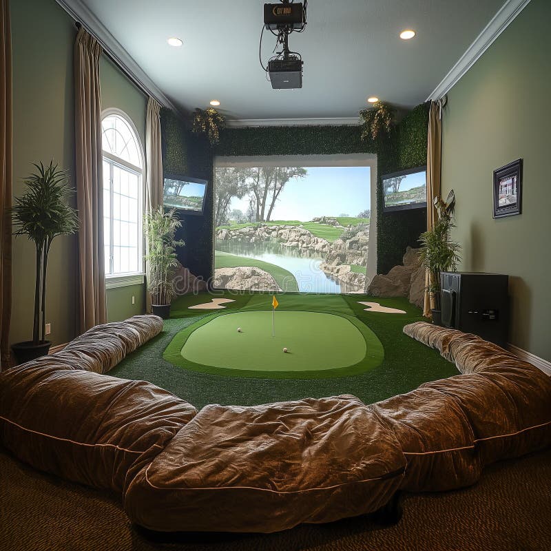 Interior of a Room with a Green Golf Field. Indoor Golf Simulator Stock ...