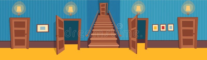 Interior Room with a Stairs and Doors. Vector Illustration of Cartoon ...