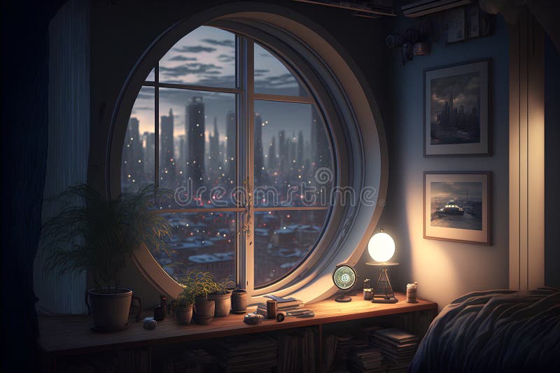 Interior of the Room with a Window Overlooking the City. 3D Rendering ...