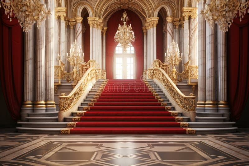 Interior of Royal Palace with Red Carpet and Stairway, 3d Render Stock ...