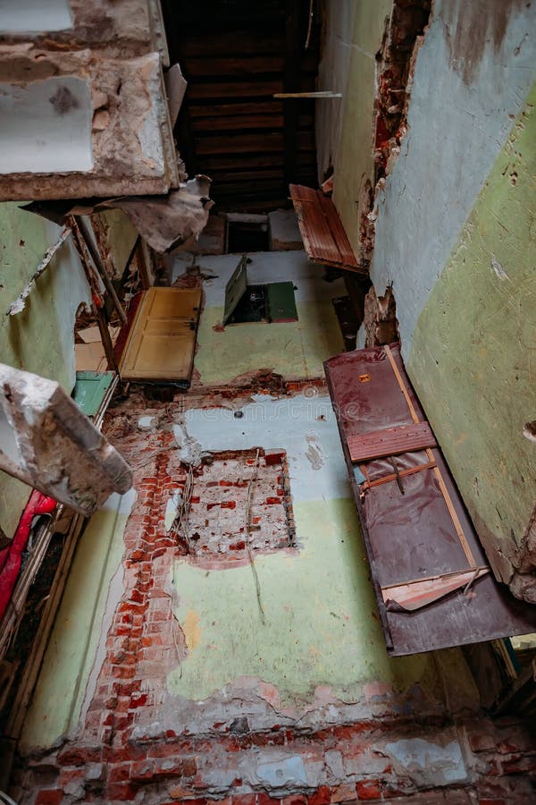 Interior of the Ruined Collapsed Abandoned House Stock Image - Image of ...