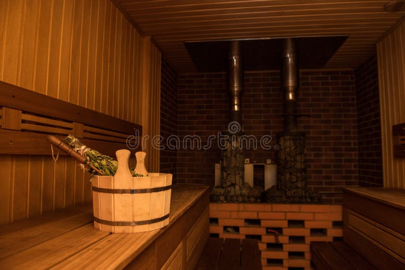 Interior of russian bath stock photo. Image of accessories - 138136424