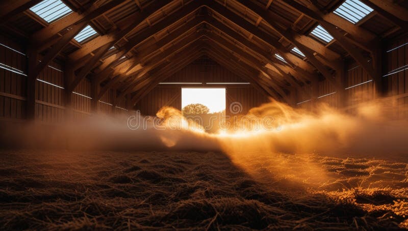Dramatic Light in a Rustic Barn Interior with Dust Motes and Wooden ...