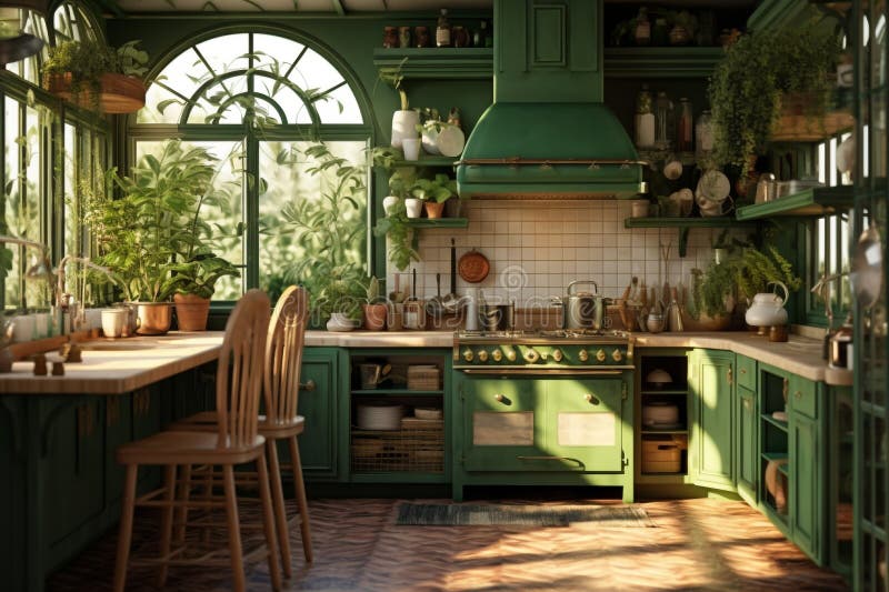 Interior of a Rustic Green Kitchen with Wooden Table and Chairs - Ai ...