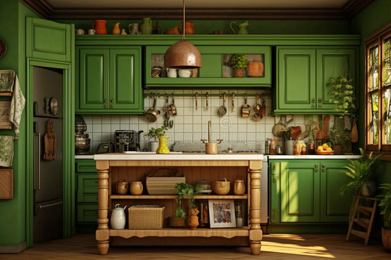 Interior of a Rustic Green Kitchen with Wooden Table and Chairs - Ai ...