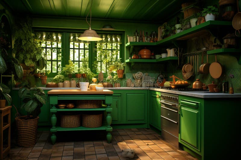 Interior of a Rustic Green Kitchen with Wooden Table and Chairs - Ai ...