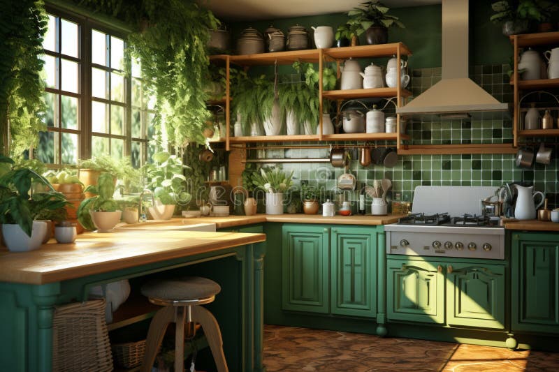 Interior of a Rustic Green Kitchen with Wooden Table and Chairs - Ai ...