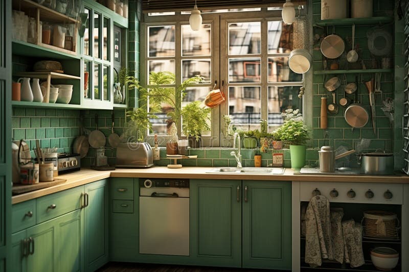 Interior of a Rustic Green Kitchen with Wooden Table and Chairs - Ai ...