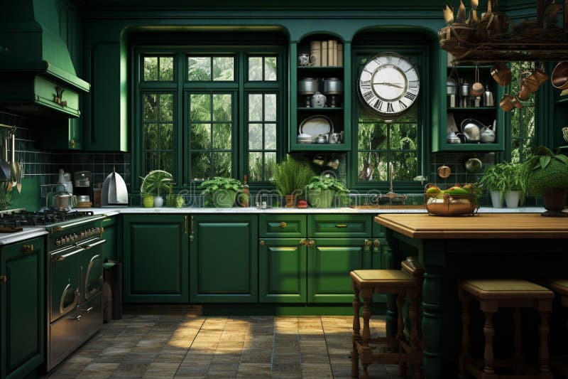 Interior of a Rustic Green Kitchen with Wooden Table and Chairs - Ai ...